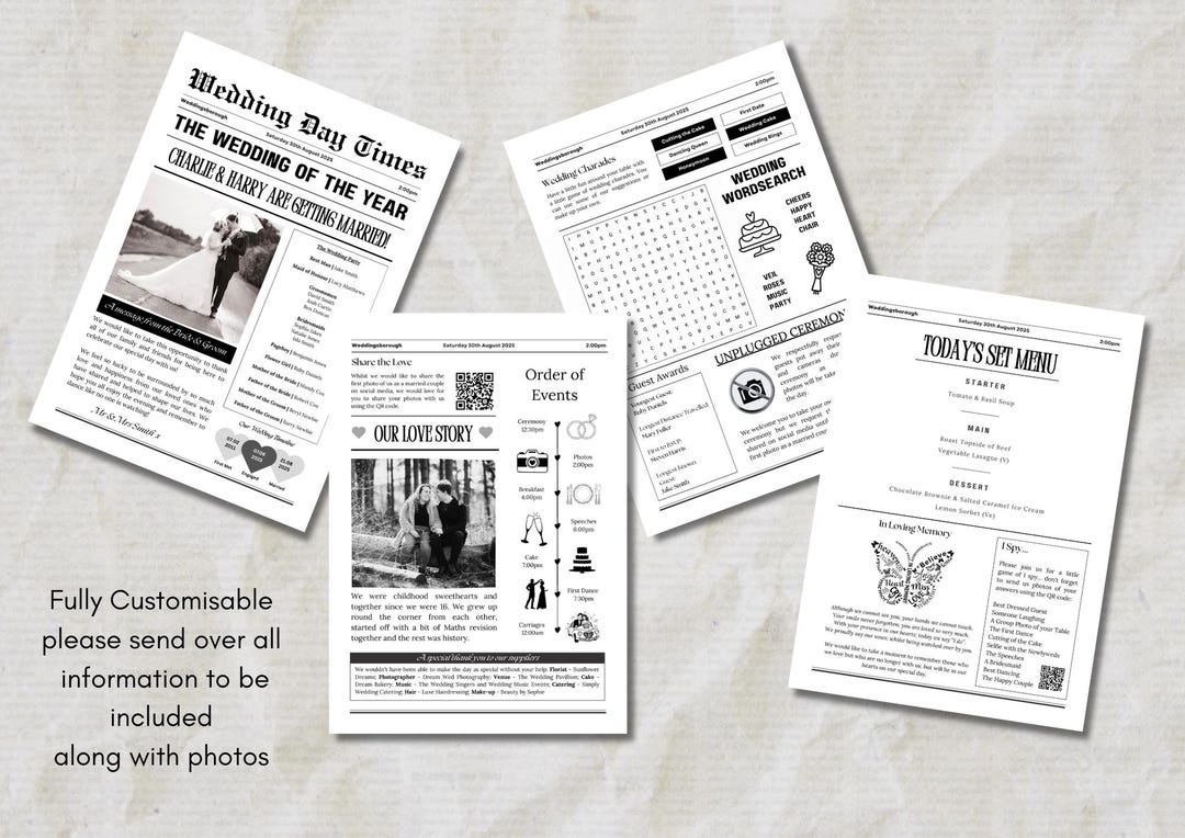Personalised Wedding Newspaper Program: A5 Booklet or A4 Double Sided ...