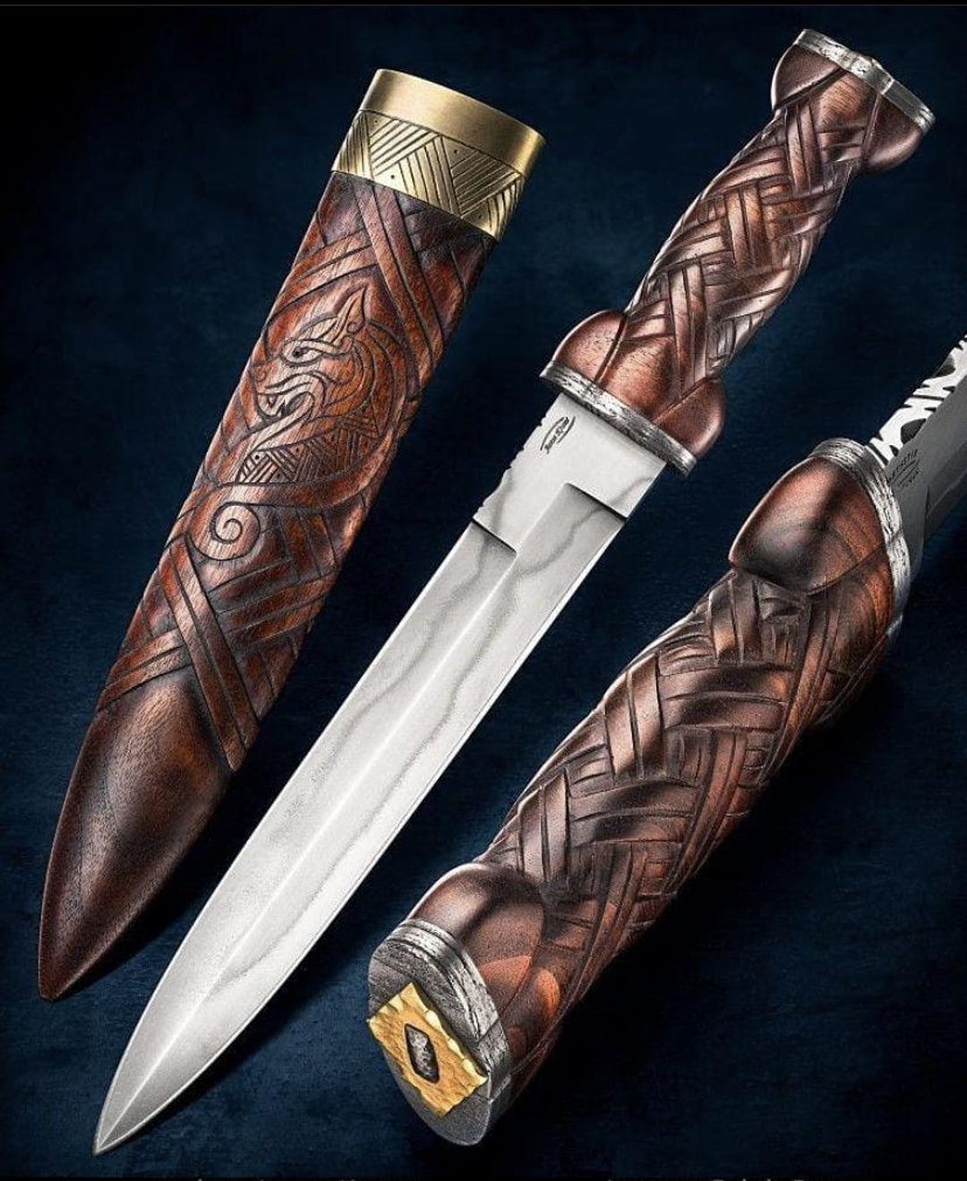 Handcrafted Viking Dagger With Carved Wooden Handle & Wolf Engraved ...