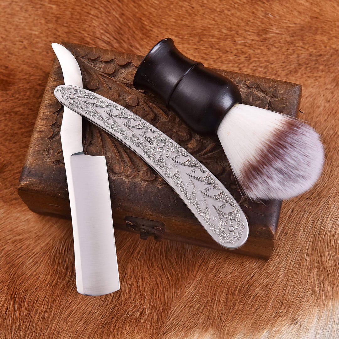 Imperial Engraved Silver Handle Straight Razor With Jet Black Shaving ...