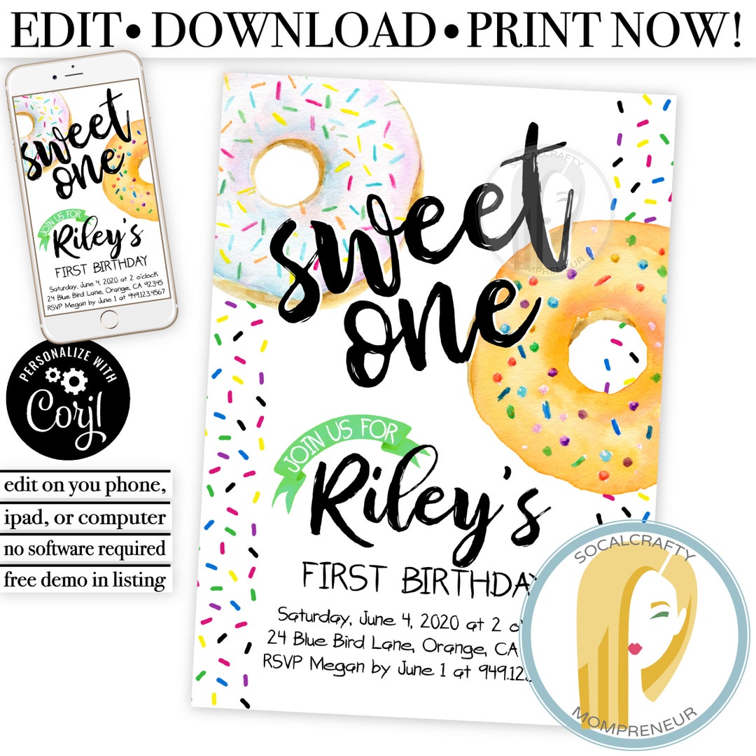 Sweet One Birthday Party Invitation / 1st Birthday Party / Donut Invite ...