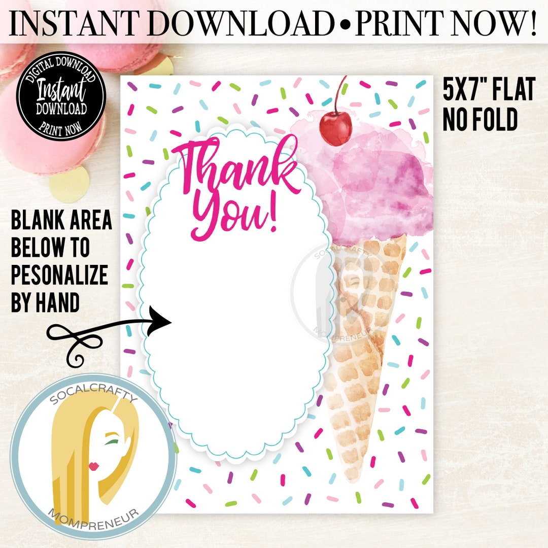 Printable Ice Cream Thank You Card / Ice Cream Cone Thank You Cards ...