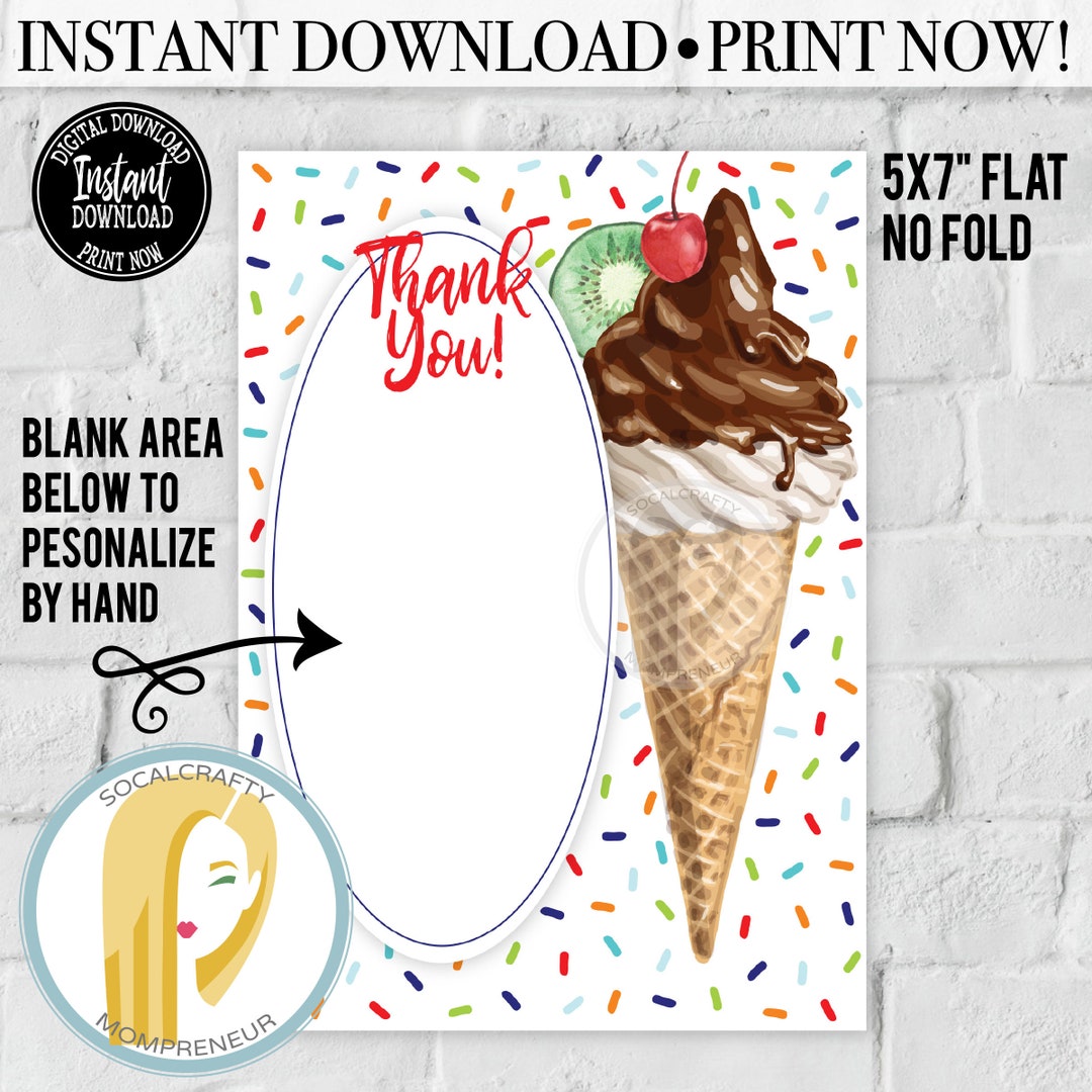 Printable Ice Cream Thank You Card / Ice Cream Cone Thank You Cards ...