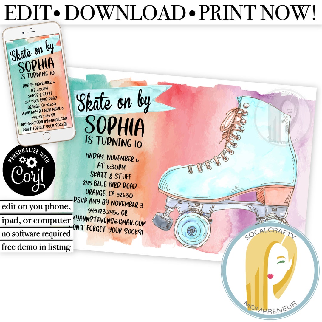 Roller Skate Invitation / Roller Skate Party / Roller Skate Birthday ...