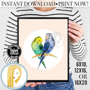 Printable Watercolor Parakeet Print / Budgie Wall Art / Boho Bird Poster / Love Birds ...
