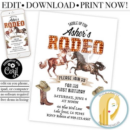 Rodeo Bull Rider Cowboy Birthday Invitation Printable - Etsy