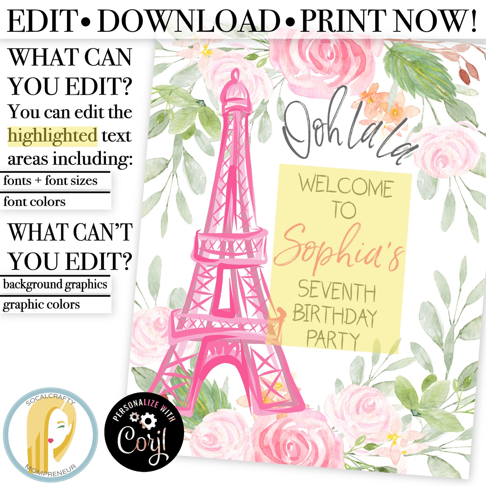 Editable Eiffel Tower Birthday Party Poster / Paris Welcome - Etsy