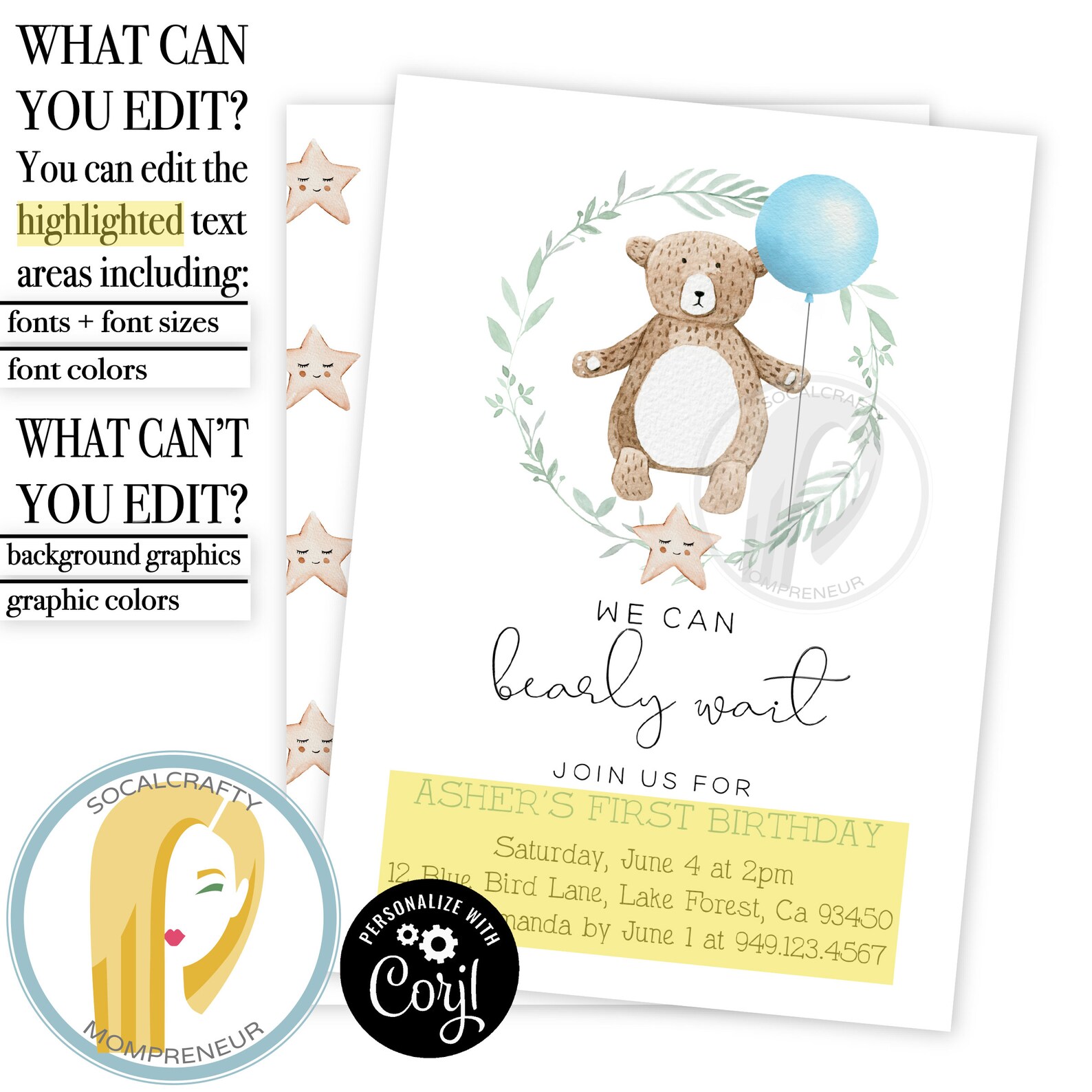 Modern Bear Birthday Party Invitation / Boy Birthday - Etsy