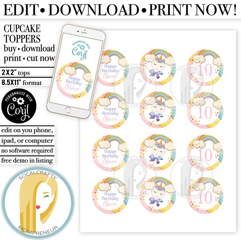 Editable Unicorn Cupcake Toppers / Rainbow Cupcake Topper / - Etsy