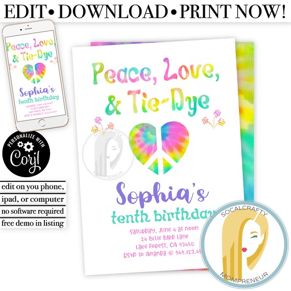 Printable Tie-dye Birthday Party Invitation / EDITABLE / Peace - Etsy