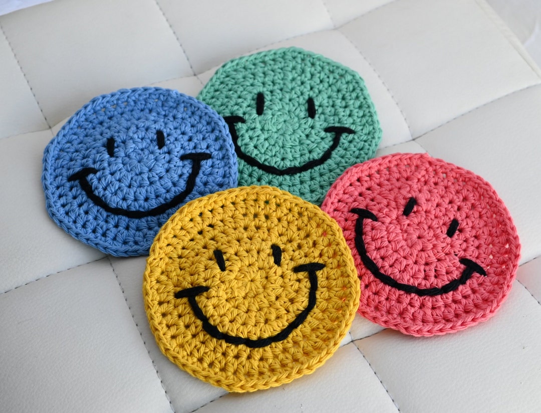 Crochet Smiley Face Coasters set of 4 - Etsy