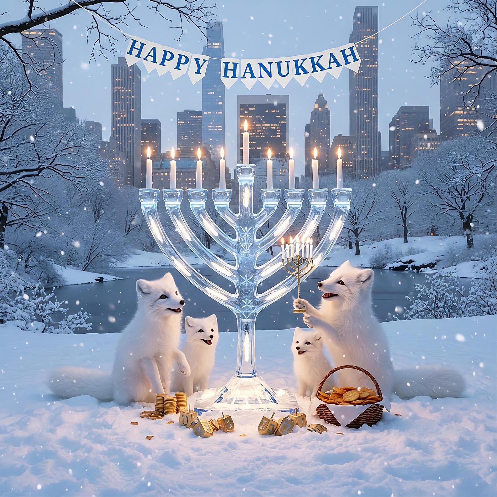 Hanukkah Fox Family With Ice Menorah • Winter Jewish Holiday Art • Cute ...