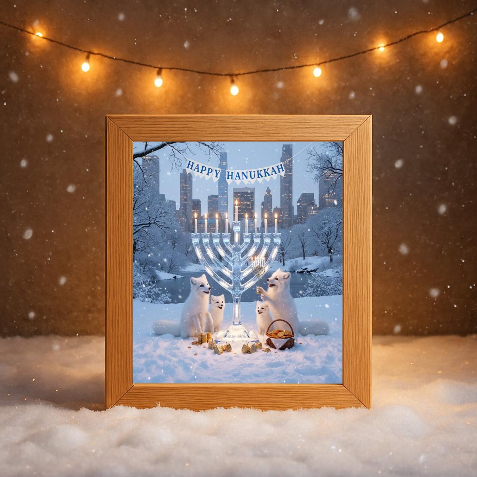 Hanukkah Fox Family With Ice Menorah • Winter Jewish Holiday Art • Cute ...