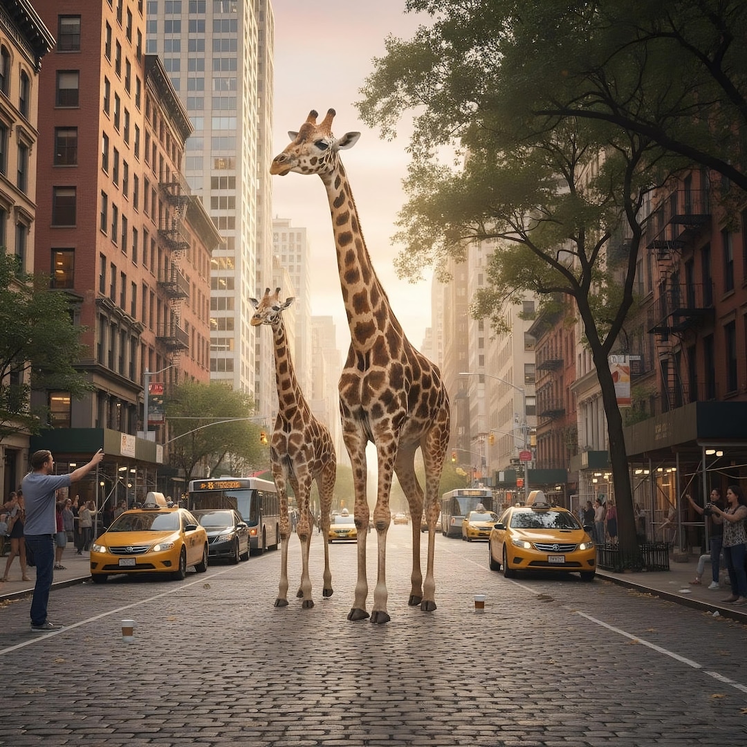 Giraffes in the City – Urban Wildlife Printable Art, NYC Street Scene ...