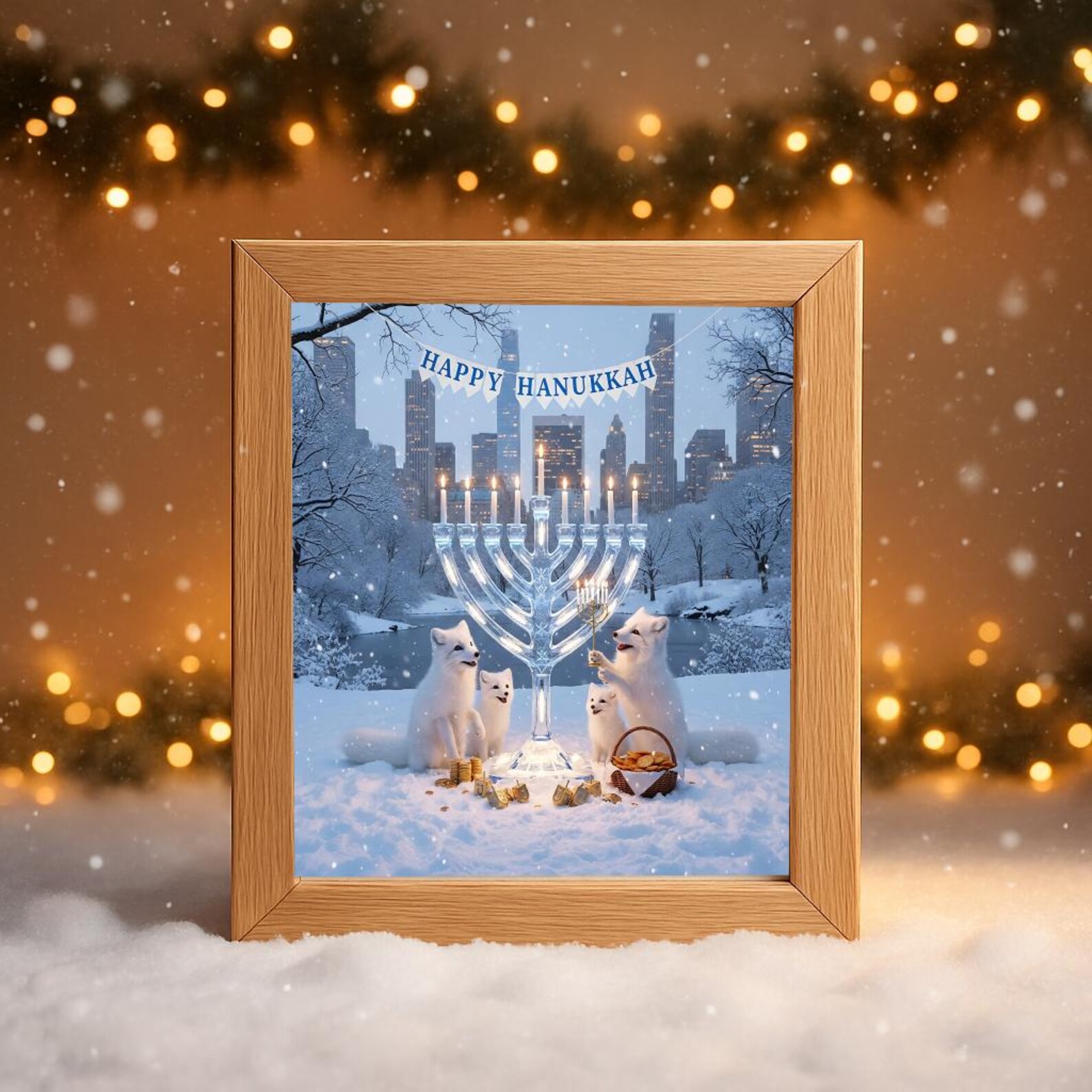 Hanukkah Fox Family With Ice Menorah • Winter Jewish Holiday Art • Cute ...
