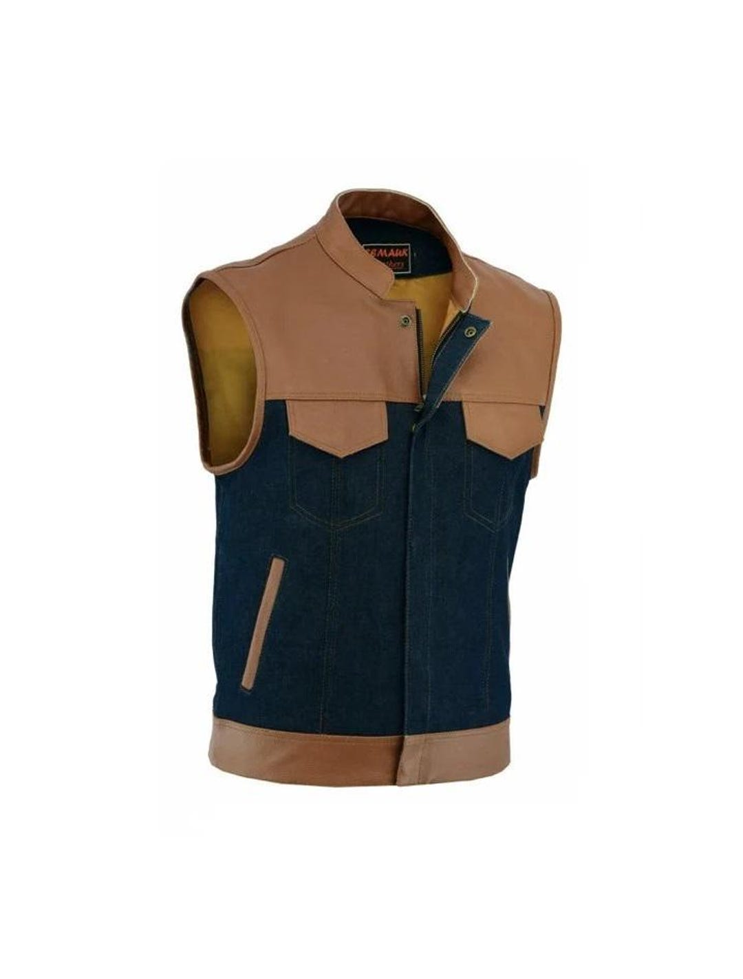 Men Denim Trim Brown Leather Son of Anarchy Biker Vest - Motorcycle ...