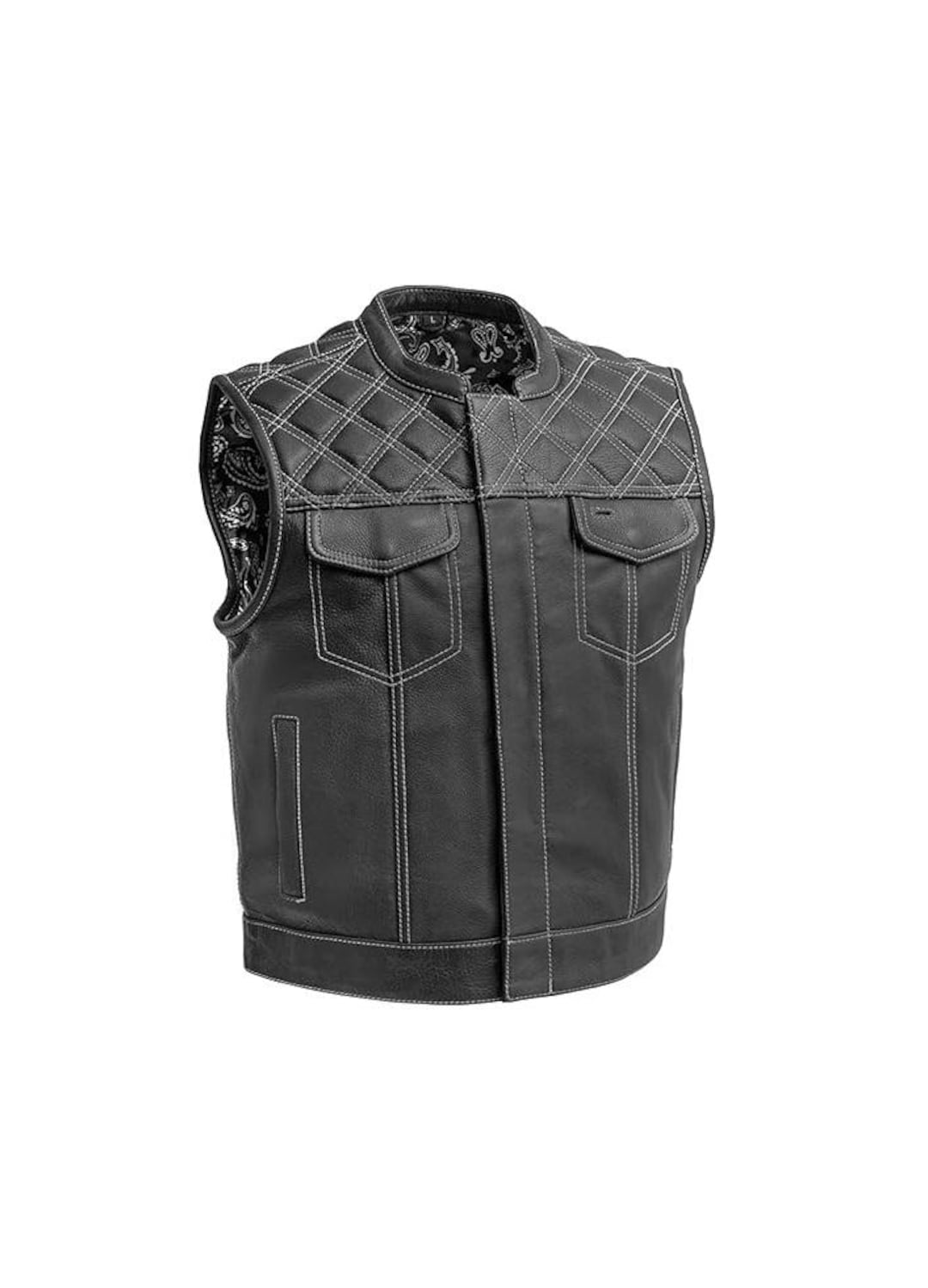 Men's Club Motorbike Black Leather Lined Diamond Stitch Motorcycle Vest ...