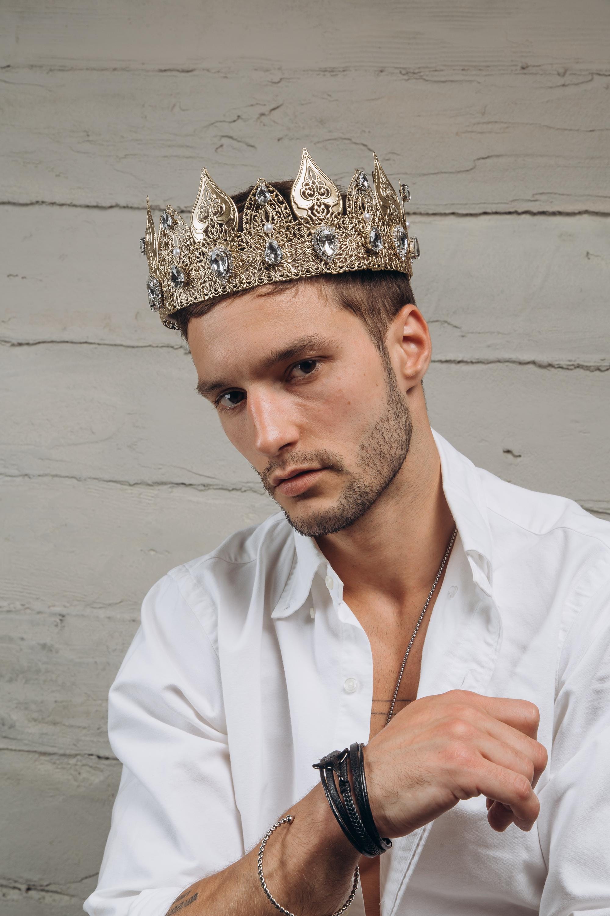 Gold Crown: White Crystal Royal Men's Crown,wedding Crowns, Medieval ...