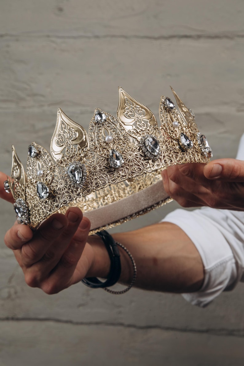 Gold Crown: White Crystal Royal Men's Crown,wedding Crowns, Medieval ...