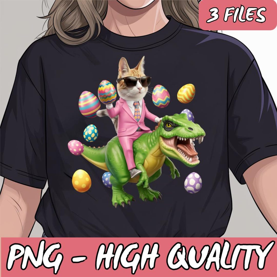Easter Bunny and Cat Riding T-rex on an Egg Hunt Png, Funny Dinosaur ...
