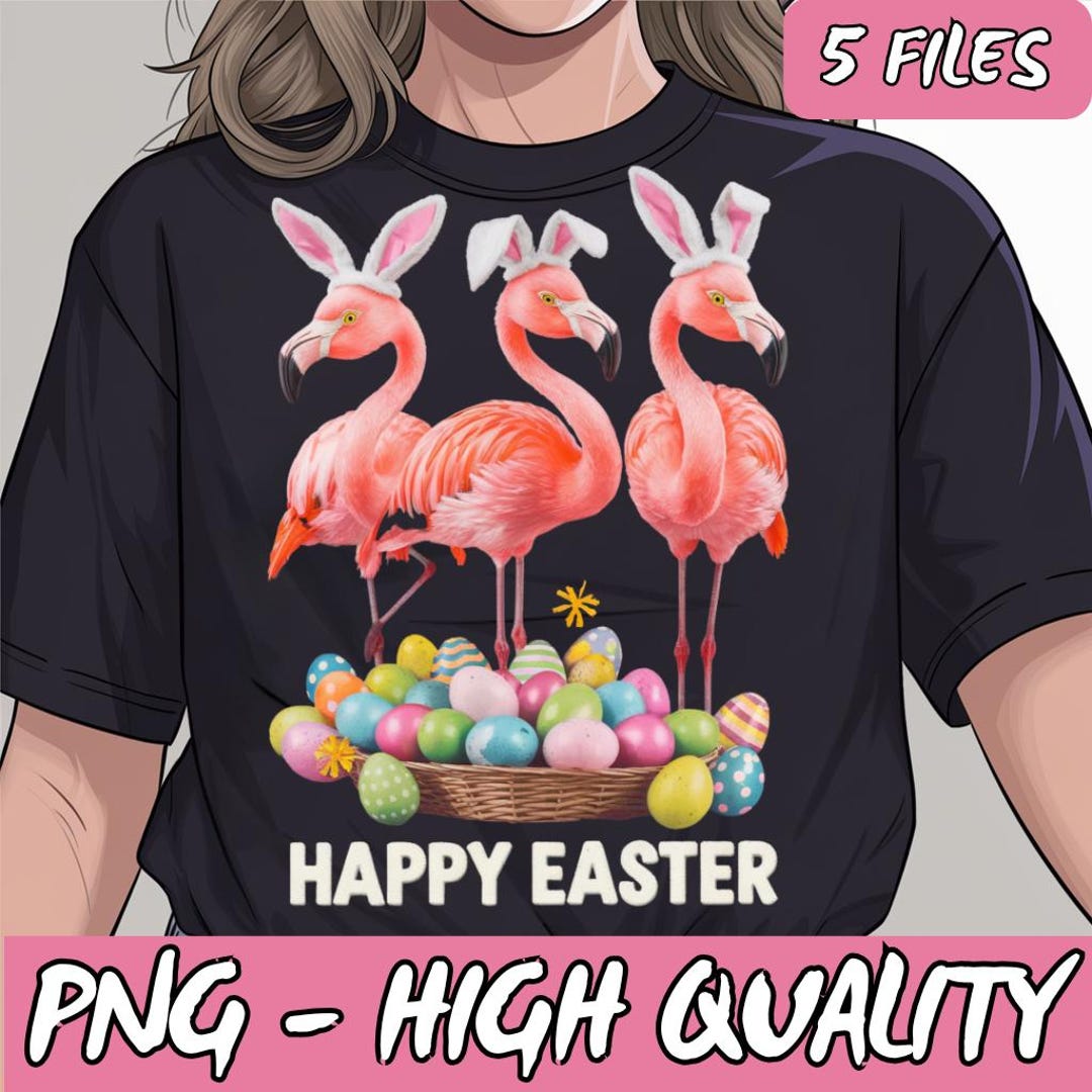 Happy Easter Flamingo With Bunny, Egg, and Basket Fun PNG, Cute and ...