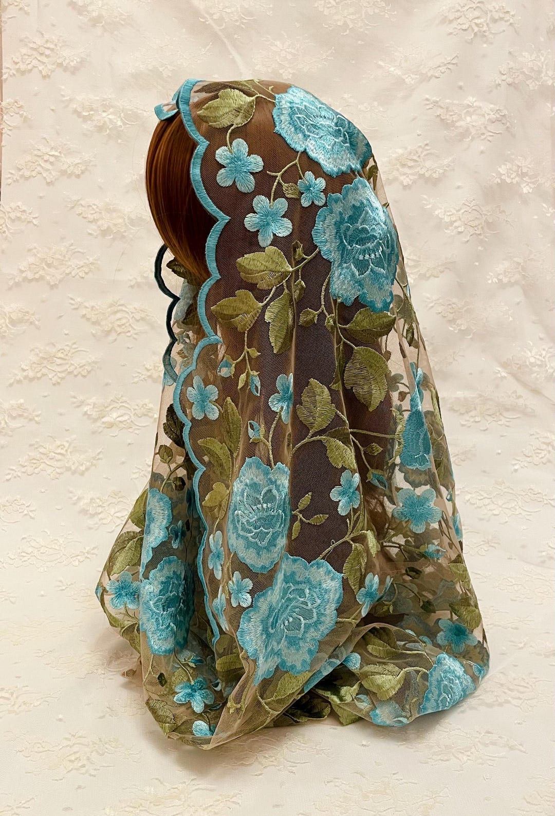 Sky Blue Floral Catholic Veil: Embroidered Infinity Chapel Veil - Etsy
