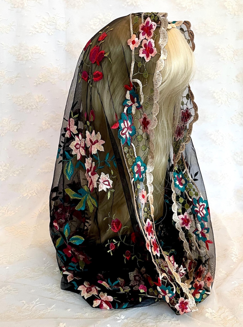 Black Floral Embroidered Catholic Veil: Infinity Chapel Veil - Etsy