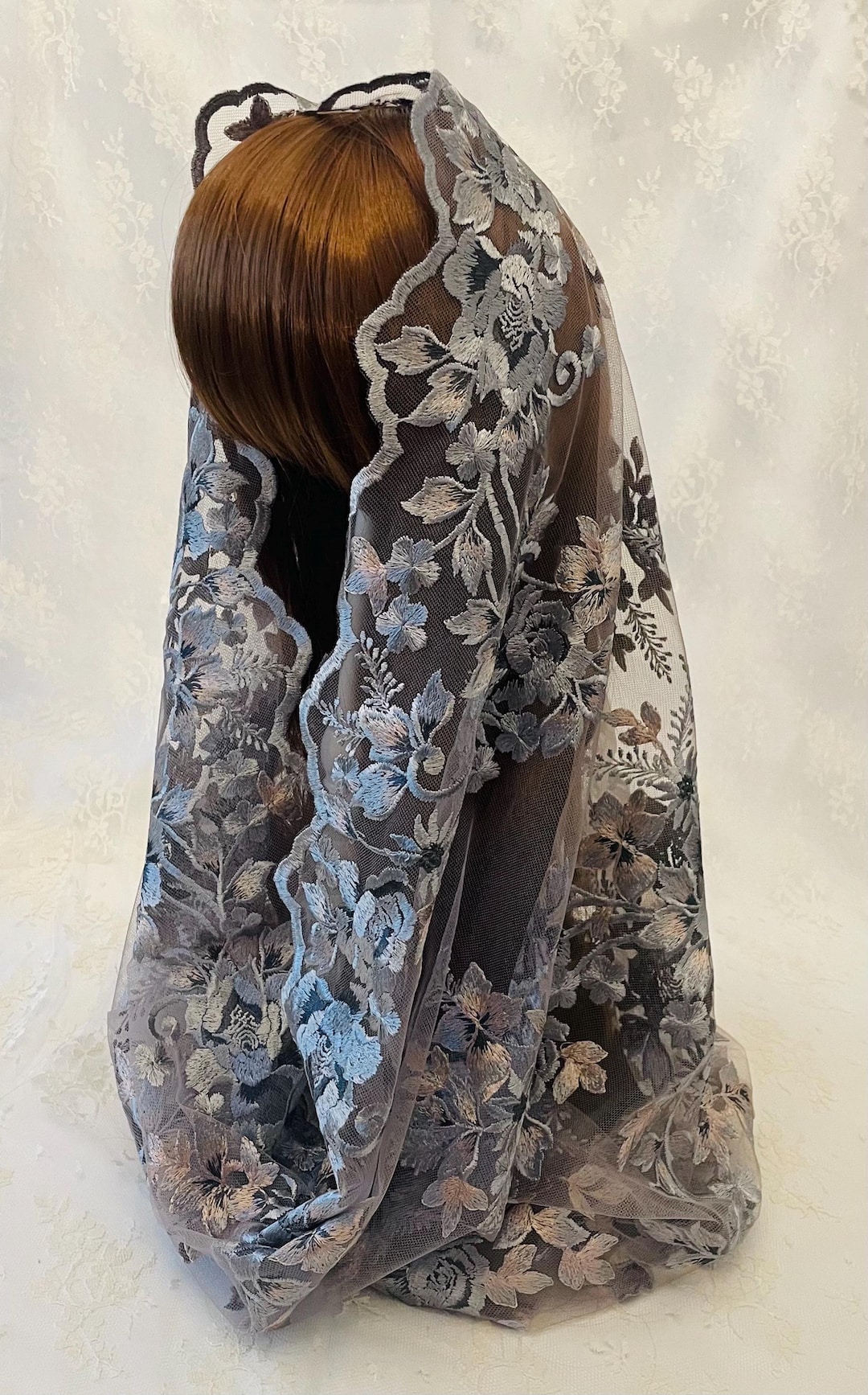 Silver & Pink Floral Catholic Infinity Veil: Embroidered Chapel Veil - Etsy