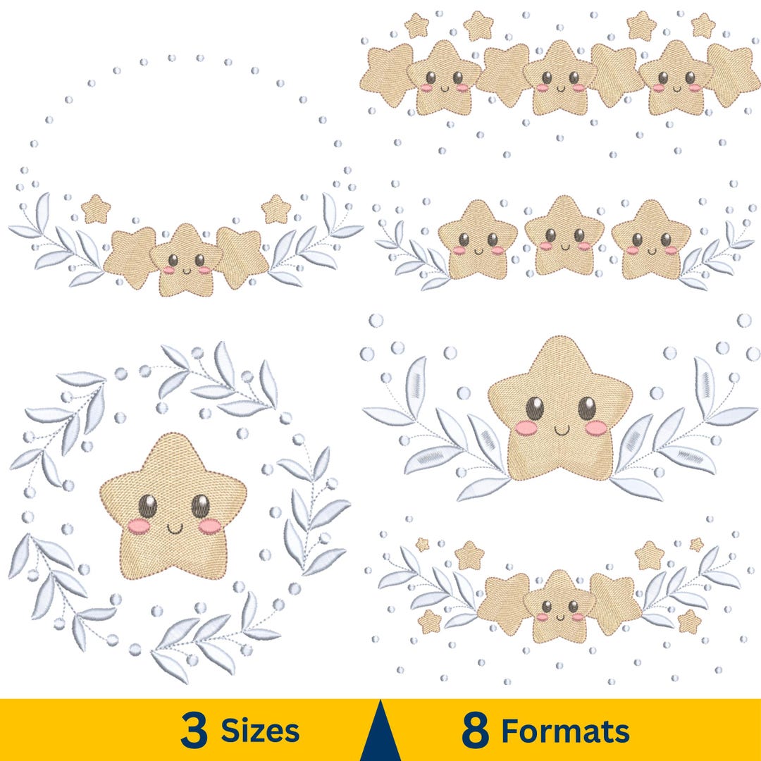 Cute Star Embroidery Design Set | Baby Star Wreath & Border Designs ...