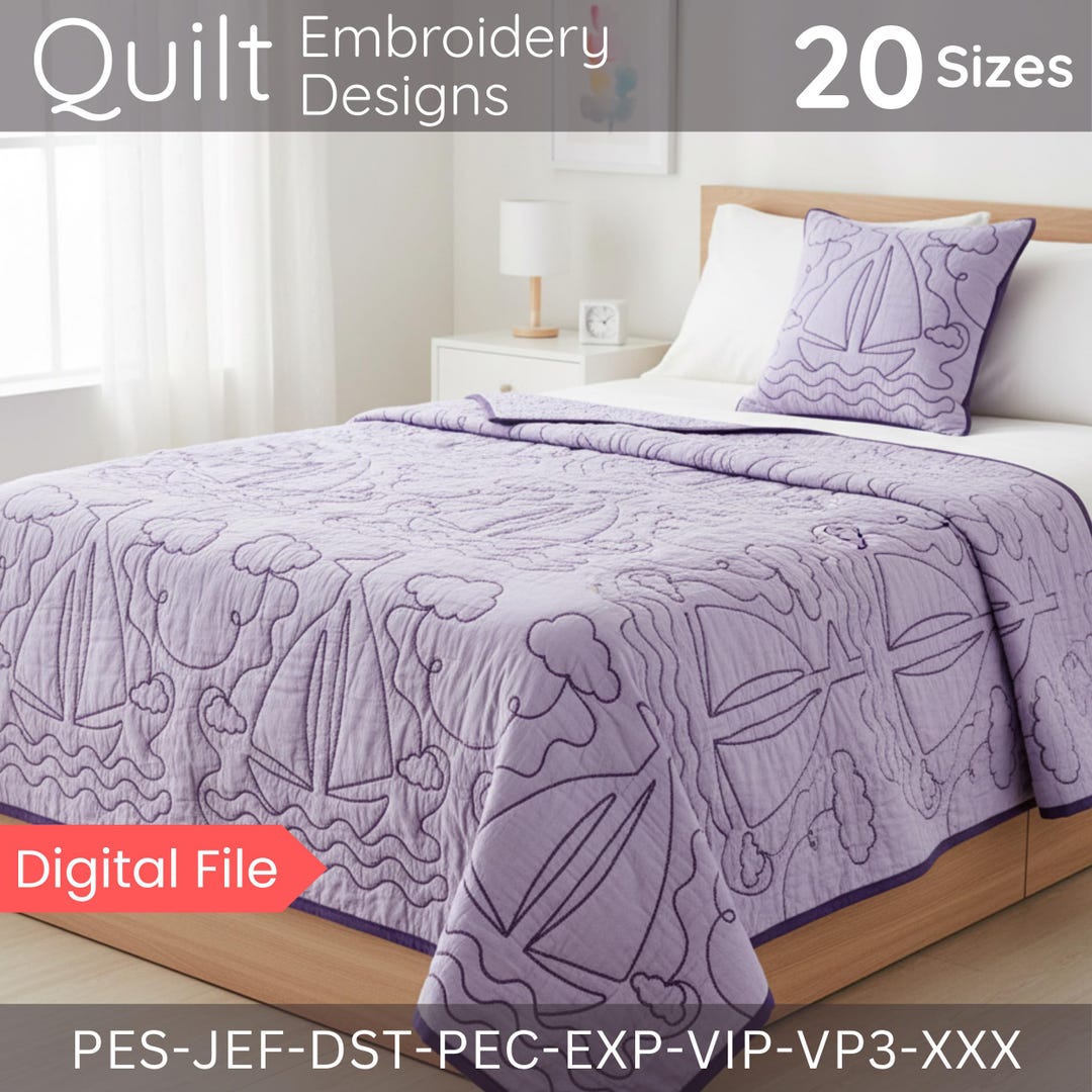 Sailboat Clouds Machine Embroidery Quilt Block | Single-run Continuous ...