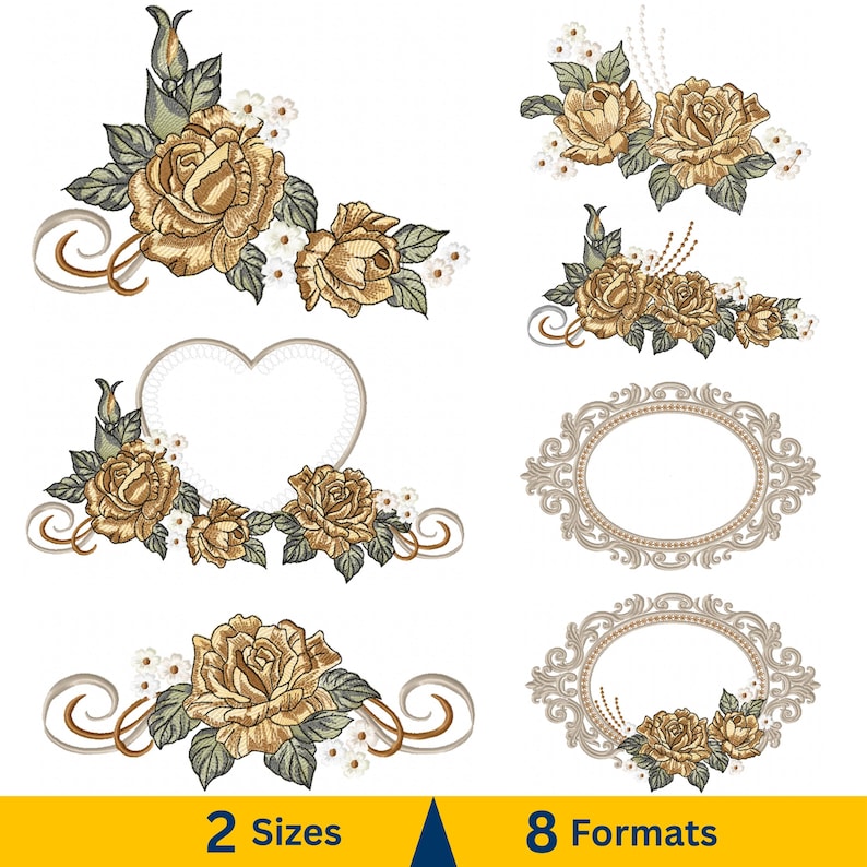 Rose Embroidery Design Set, Vintage Floral Frame & Heart Machine ...