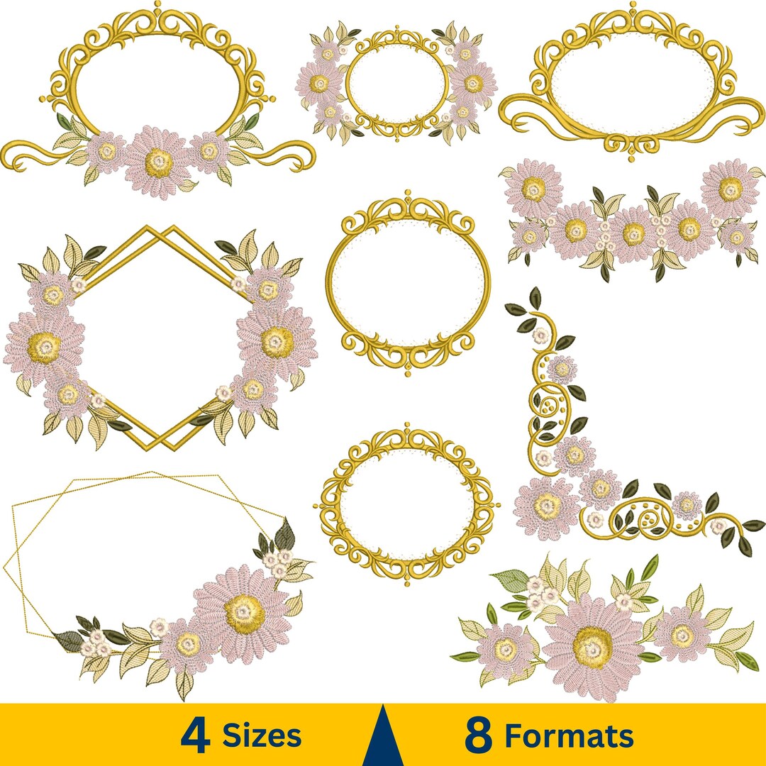 Floral Frame Embroidery Design Set, Vintage Gold Floral Wreaths ...