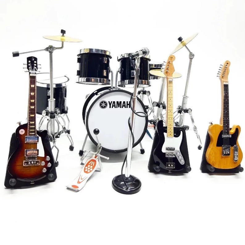Miniature Drum Set Replica Drum Kit Yamaha With Guitars and Bass ...