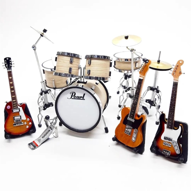 Miniature Drum Set Replica Drum Kit Pearl With Guitars and Bass Natural ...