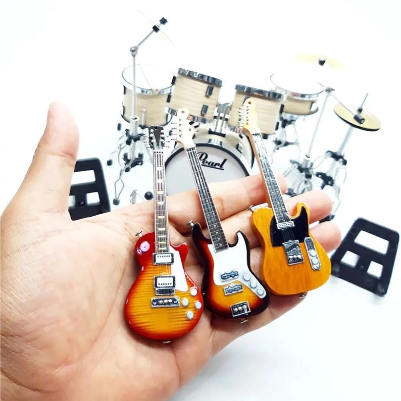 Miniature Drum Set Replica Drum Kit Pearl With Guitars and Bass Natural ...