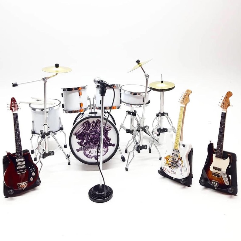 Miniature Drum Set Replica Drum Kit Queen With Guitars and Bass Natural ...