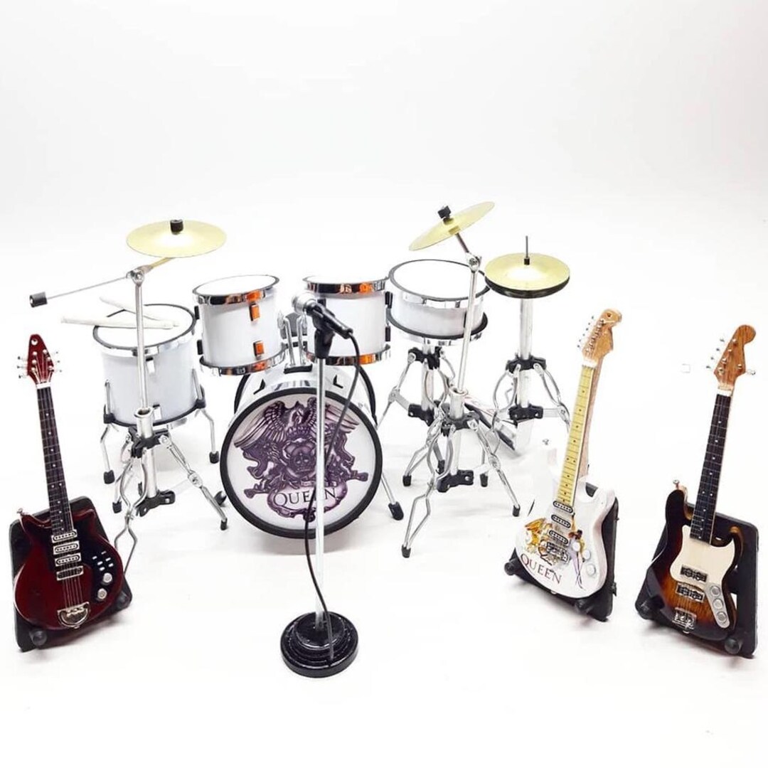 Miniature Drum Set Replica Drum Kit Queen With Guitars and Bass Natural ...