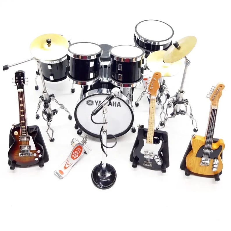 Miniature Drum Set Replica Drum Kit Ya Maha With Guitars and Bass ...