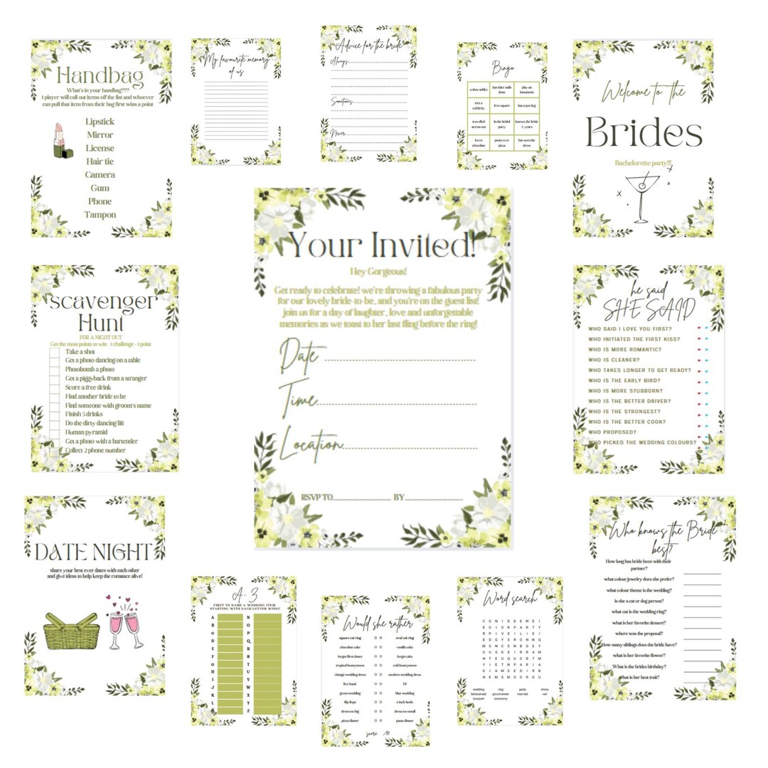 Elegant Green and White Hens Party Game Bundle Charming Invite and ...