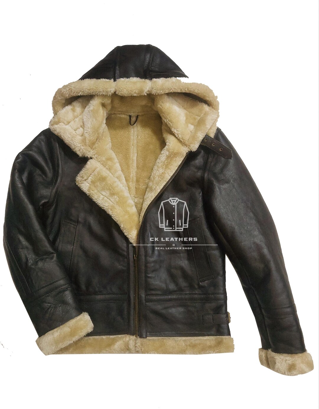 Men's Real Sheep Leather Hooded Jacket RAF B3 Bomber Aviator Flying Fur ...