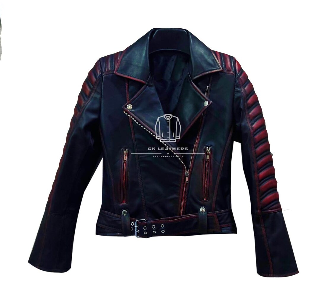 Black and RED Sheepskin Leather X Men Jacket Red Brush Waxed Biker's ...
