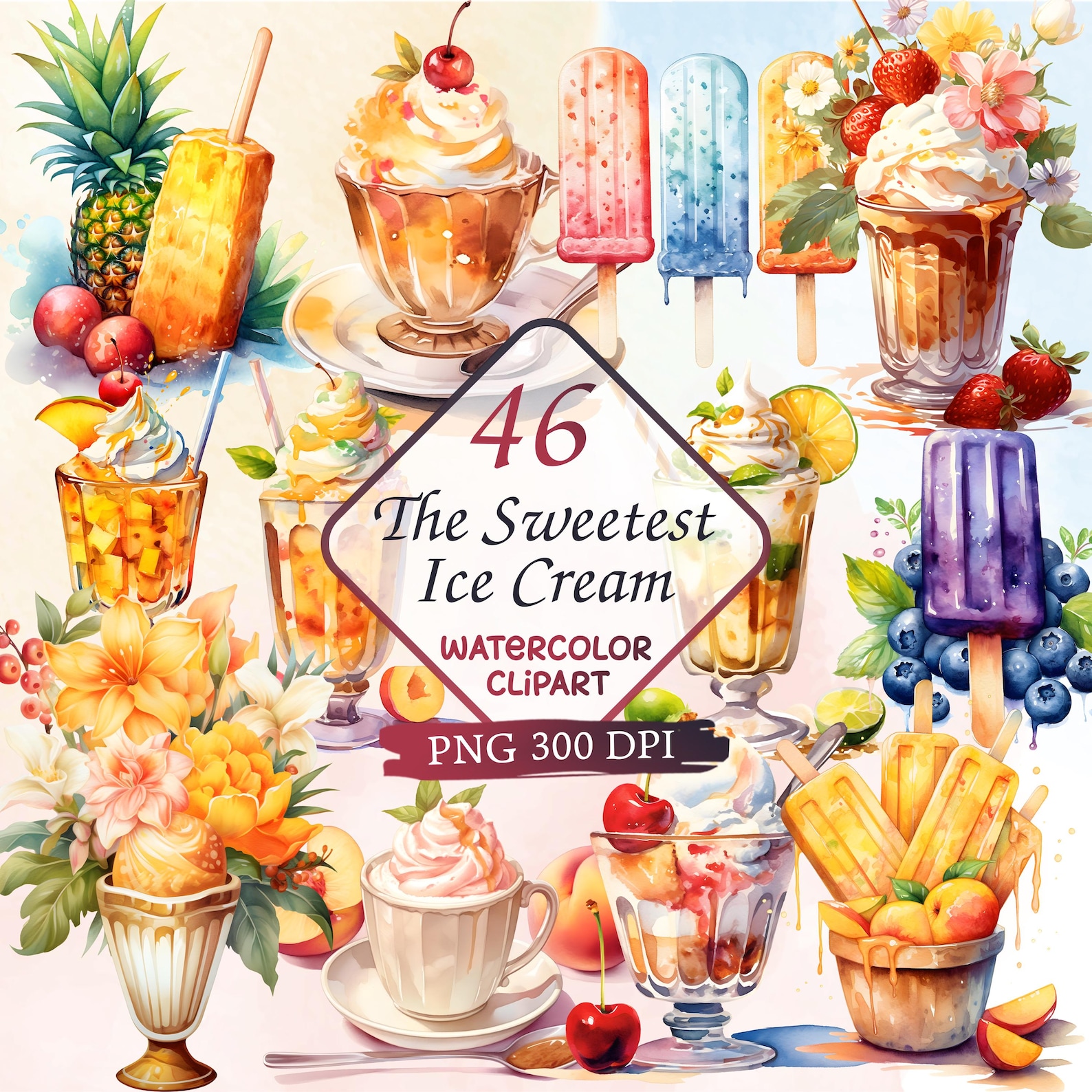 Ice Cream Clipart, Watercolor Ice Cream PNG Bundle, Popsicle PNG ...