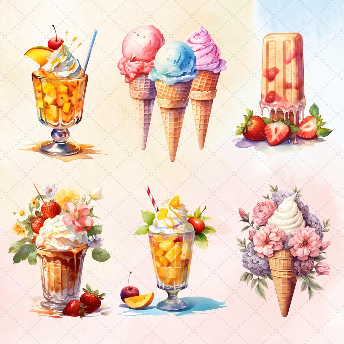 Ice Cream Clipart, Watercolor Ice Cream PNG Bundle, Popsicle PNG ...