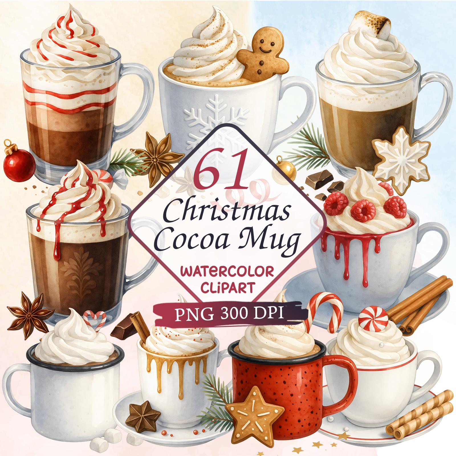 Christmas Cocoa Mug Clipart, Christmas Watercolor PNG, Festive Drink ...