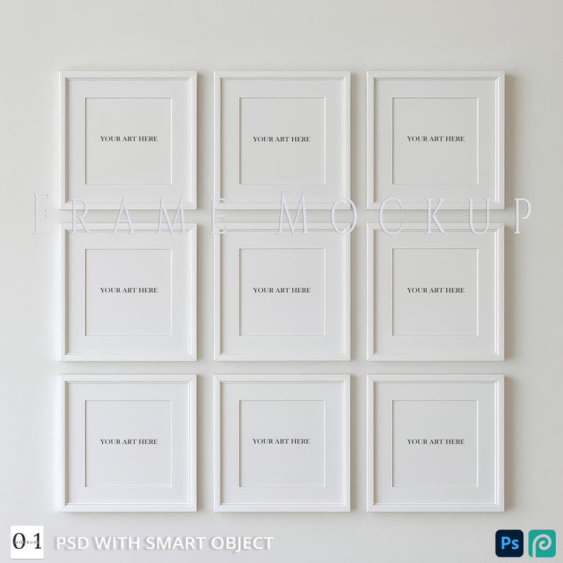 9 Square Frame Gallery Mockup | Wall Art Display (PSD) - Etsy