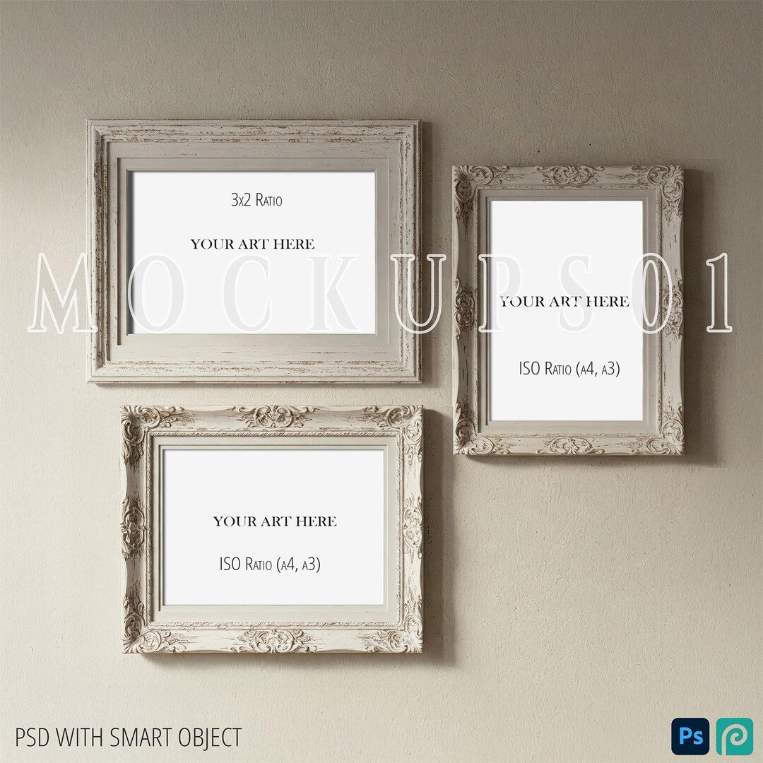 Gallery Wall Mockup | Set of 3 Rustic White Frames | Vintage Farmhouse Frame Mockup | PSD With ...