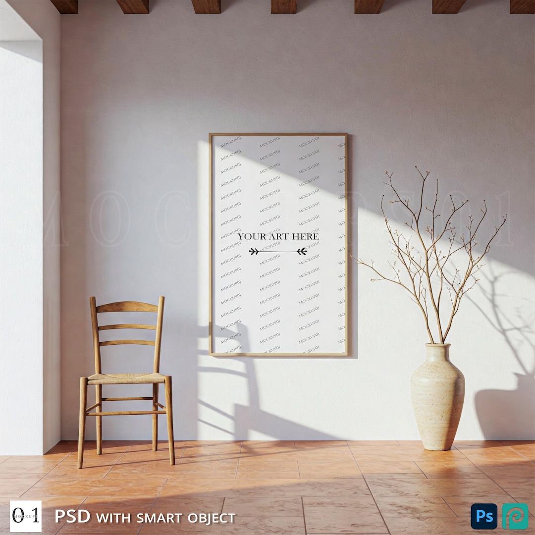 Mediterranean Plaster Wall Frame Mockup in Sunlit Minimal Interior With ...