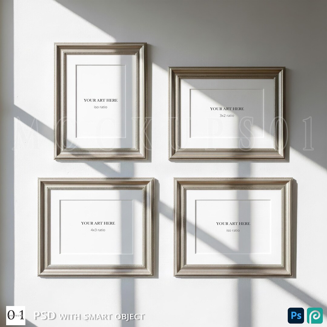 4 Frame Gallery Wall Mockup Champagne Atelier Silver Frames ISO 3x2 4x3 ...