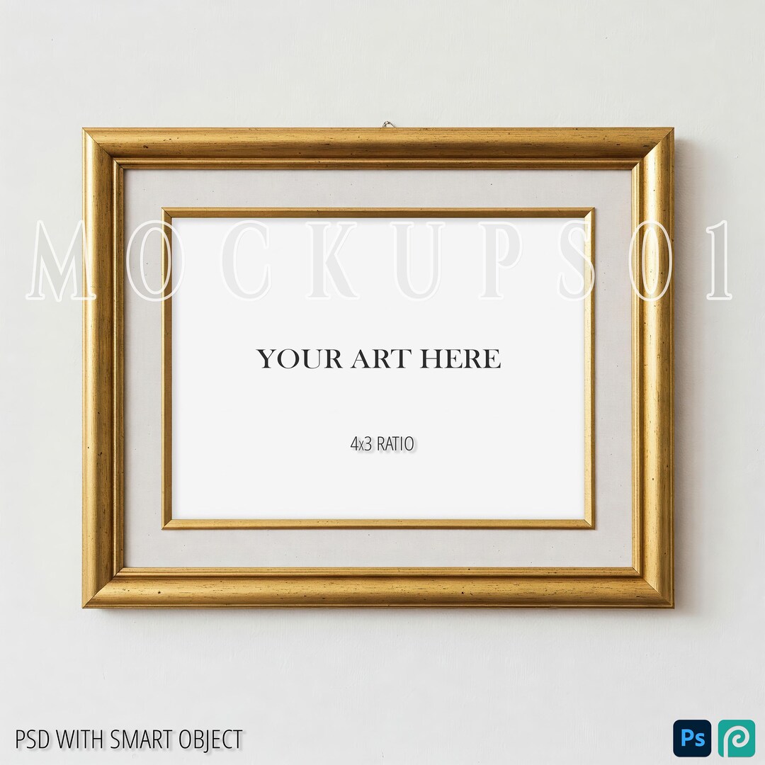 Horizontal Gold 4x3 Frame Mockup | Landscape Gold 4:3 Frame Mockup on a ...