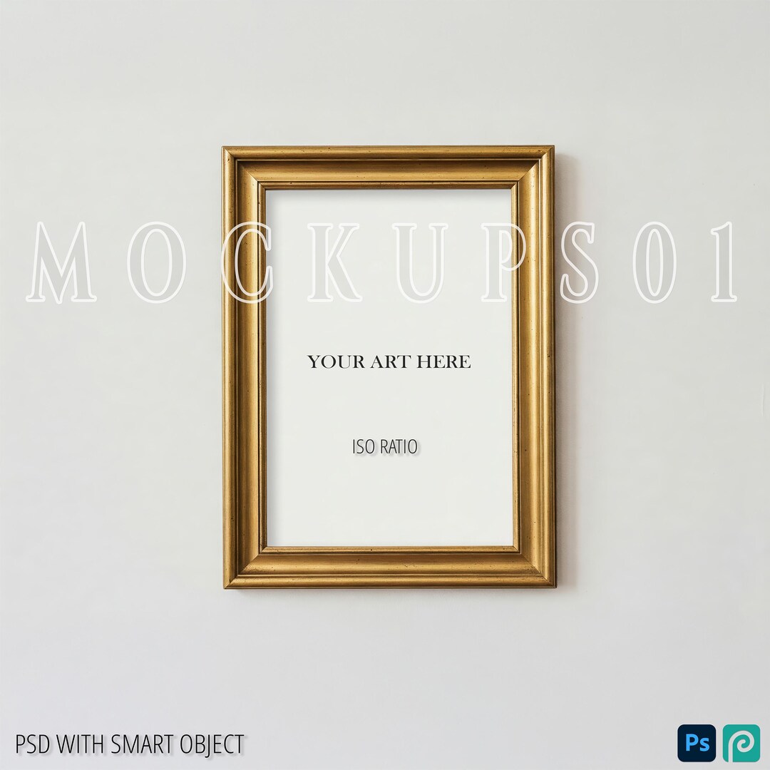 Vertical Gold Frame Mockup | ISO / DIN Art Ratio | Portrait Gold Frame ...
