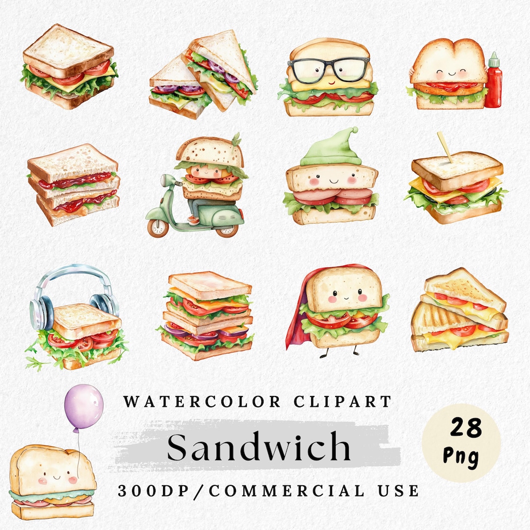 Sandwich Clipart Bundle, Cute Watercolor Sandwiches PNG, Fast Food Clip ...
